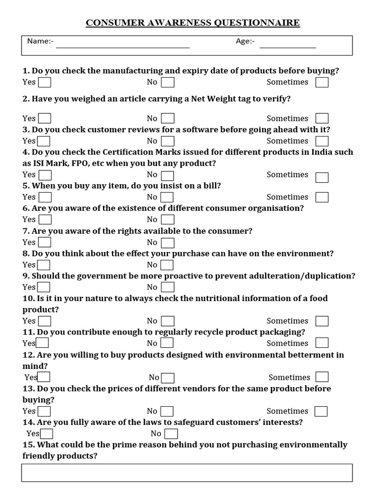 Consumer Awareness Questionnaire | PDF