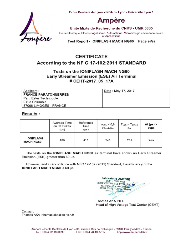 Early Streamer Emission Test - Ampere CNRS Laboratory | PDF