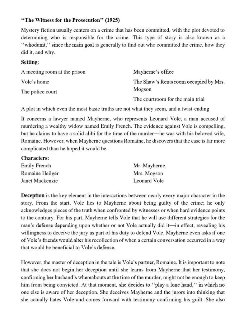 The Witness For The Prosecution - Analysis | PDF | Deception | Witness