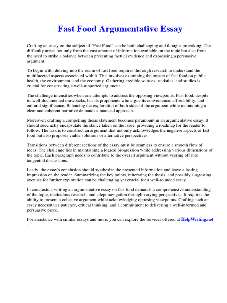 Fast Food Argumentative Essay | PDF | Odyssey | Sleep