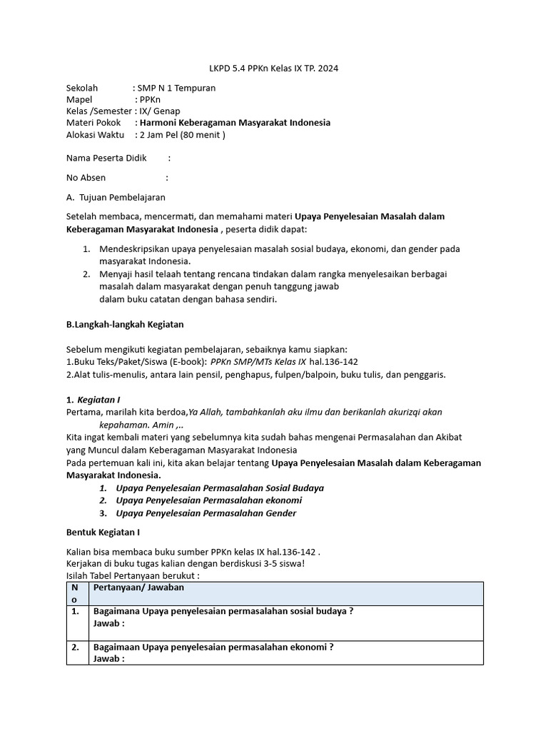 LKPD 5. 4 PPKN IX TP 2024 RHKdocx | PDF