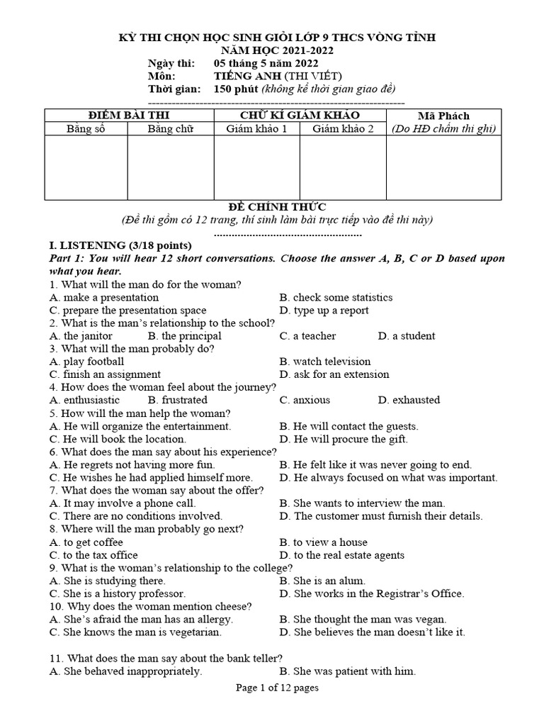 ĐỀ HSG LOP 9 2021 2022 - lam hai | PDF | Adolescence | Train