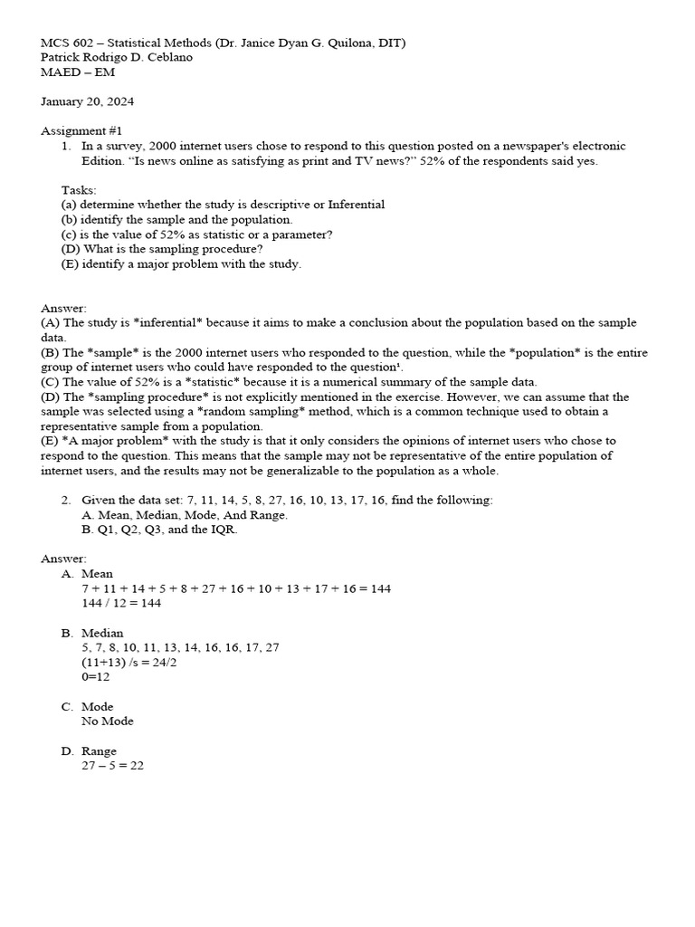 MCS 602 - Statistical Methods | PDF | Statistics | Statistical Analysis