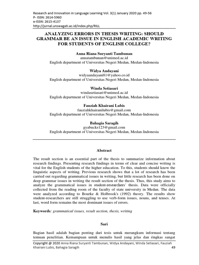 2020 Analyzing Errors in Thesis Writing, Should Grammar Be An Issue in ... 2020 Analyzing Errors in Thesis Writing, Should Grammar Be An Issue in ...