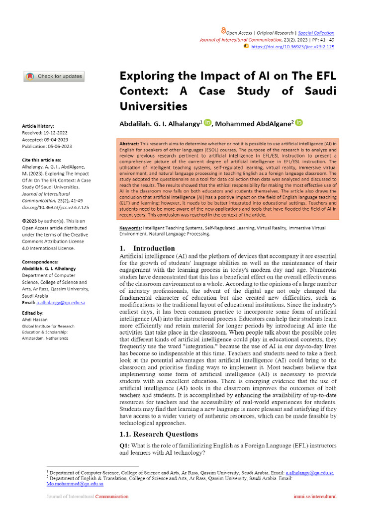 2023 Exploring The Impact of AI On The EFL Context - A Case Study of ...