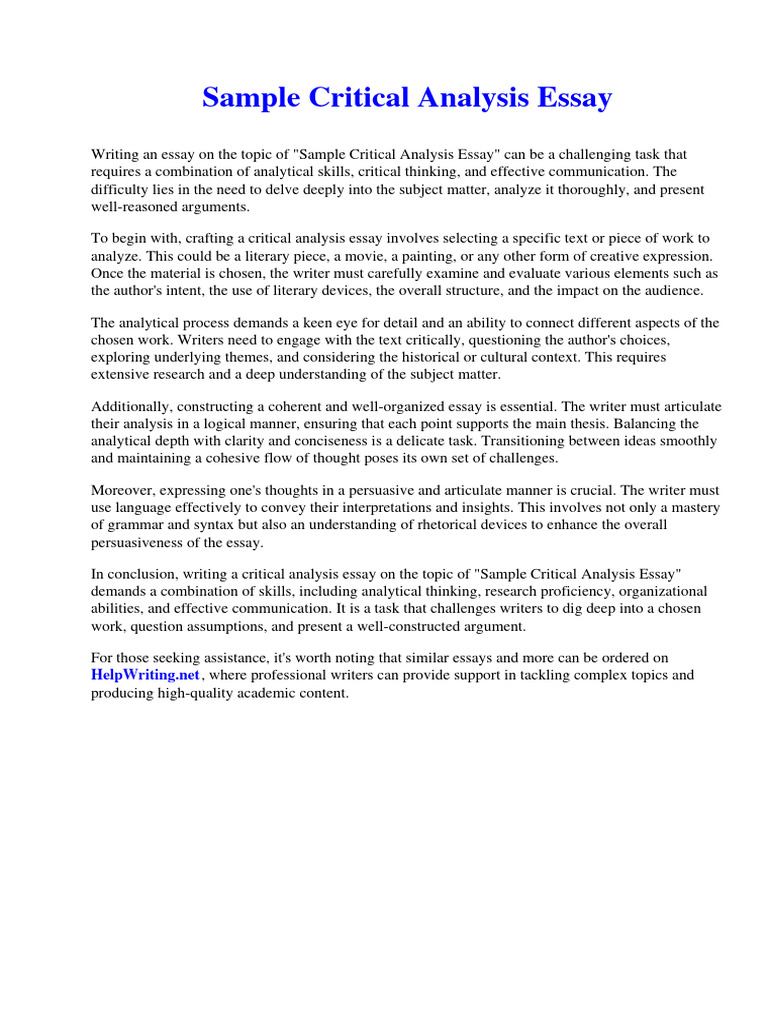 Sample Critical Analysis Essay | PDF | Critical Thinking | Essays