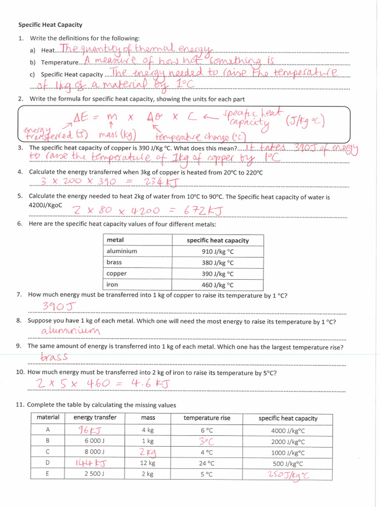 Specific Heat Capacity GLY Answers | PDF
