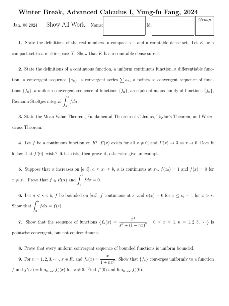 Advanced Calculus I 2024 01 Winter Work | PDF | Mathematical Analysis ...
