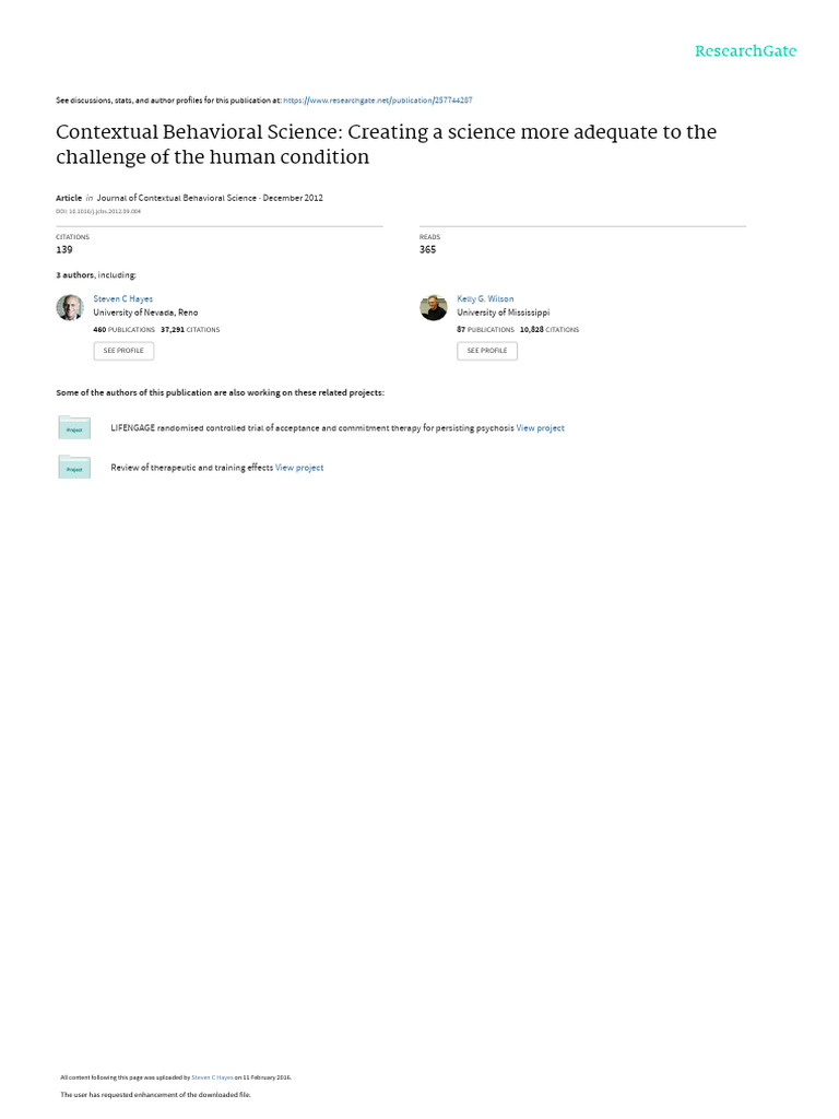 Contextual Behavioral Science Creating A New Science of Mind | PDF ...