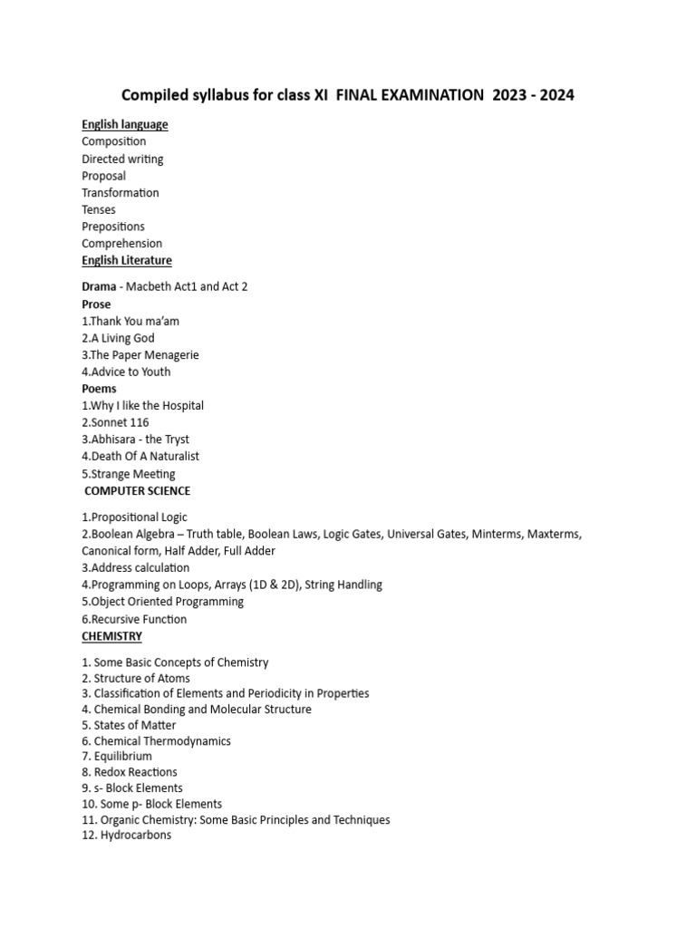 Class XI Final Exam Syllabus 2023-24 | PDF | Chemistry | Nationalism