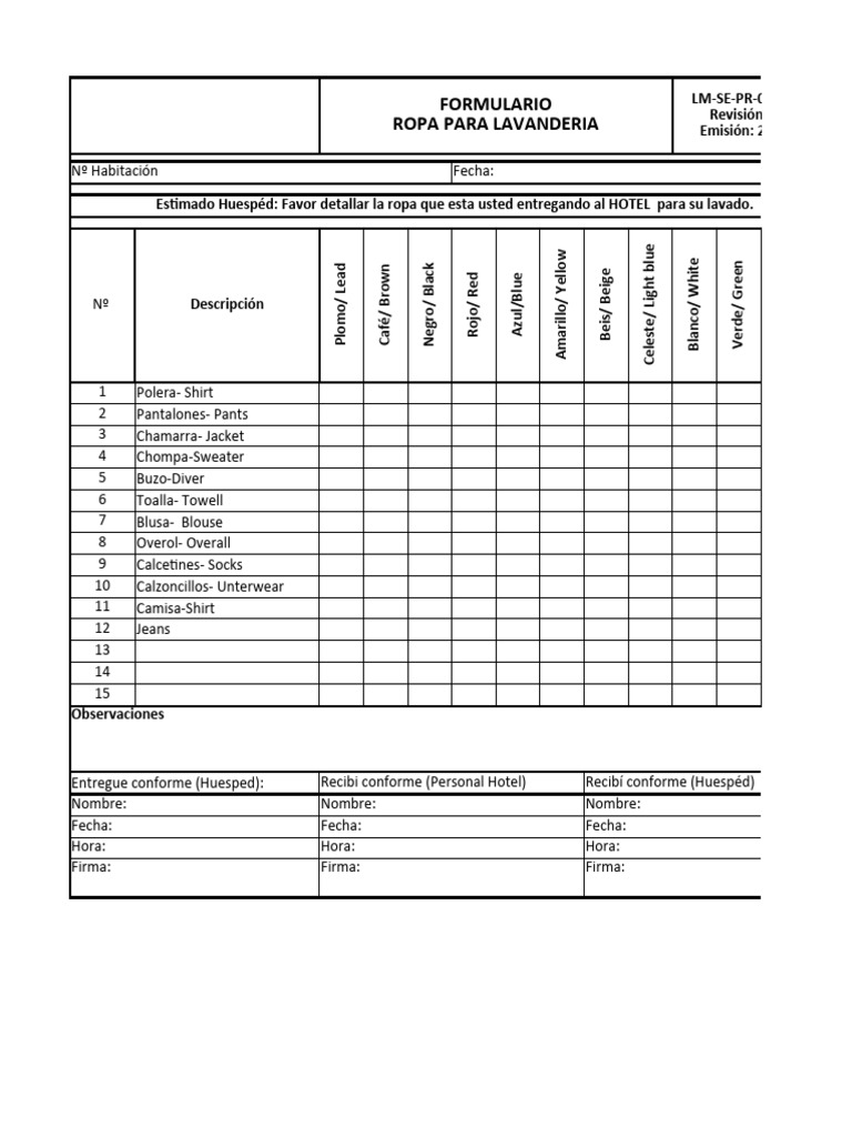 Formulario de Lavandería para Huéspedes | PDF | Diseño gráfico | Visión