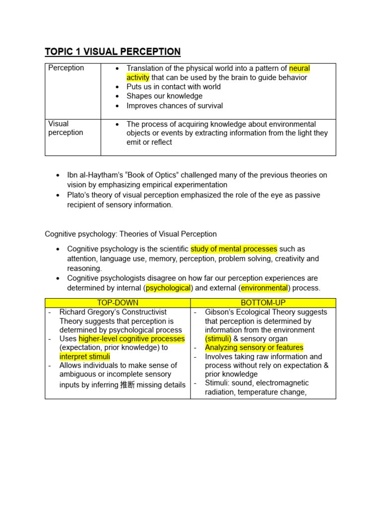 Topic 1 Visual Perception | PDF | Perception | Senses