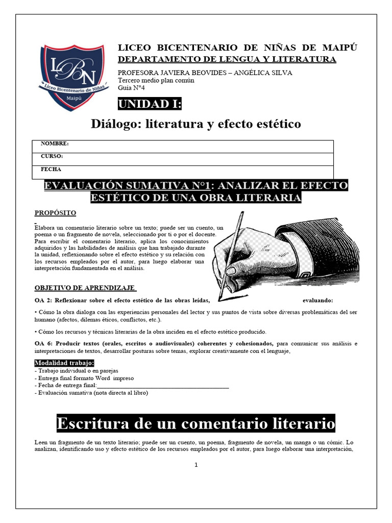 Guía N°4 - Evaluación N°1 - Redacción de Un Comentario Literario para ... Guía N°4 - Evaluación N°1 - Redacción de Un Comentario Literario para ...