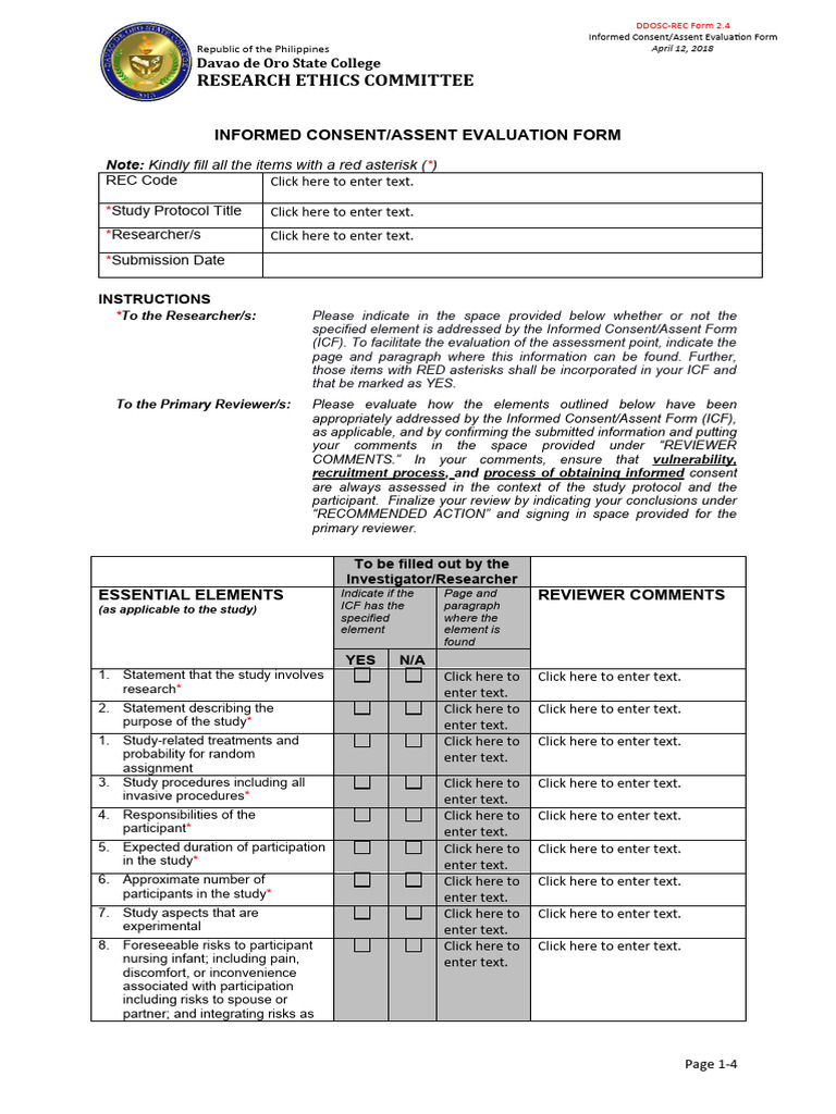 Rec Form 2 4 Informed Consent Assent Evalution Form Pdf Informed Consent Evaluation