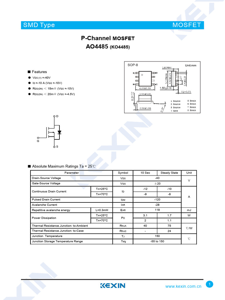 Ao 4485 | PDF | Field Effect Transistor | Mosfet