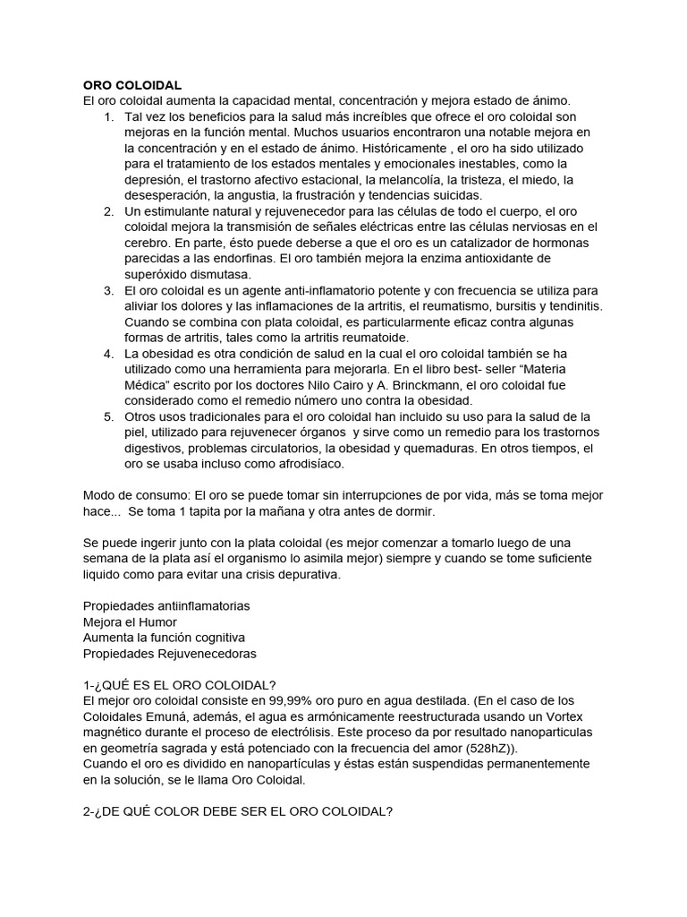 Beneficios del Oro Coloidal | PDF | Depresión (estado de ánimo) | Oro