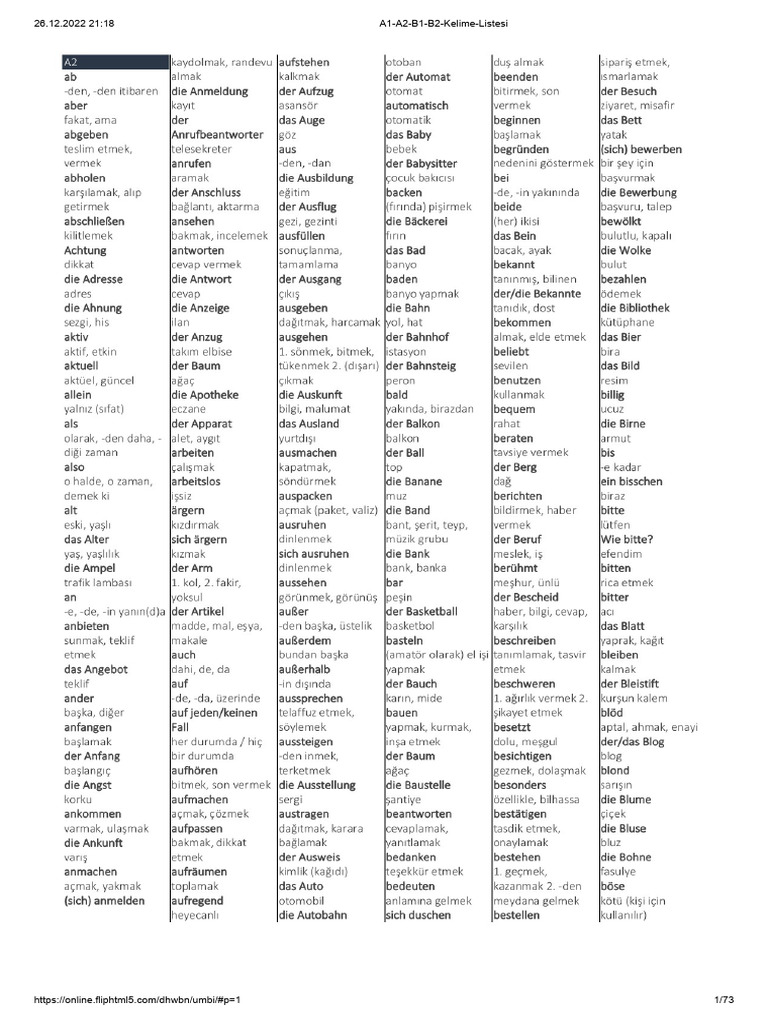 A1 A2 B1 B2 Kelime Listesi | PDF