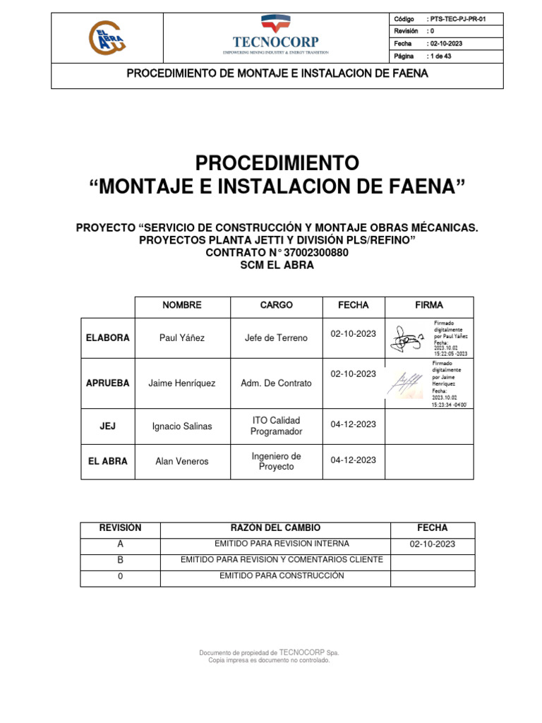 Procedimiento Montaje e Instalación Faena | PDF | Camión | Máquina elevadora