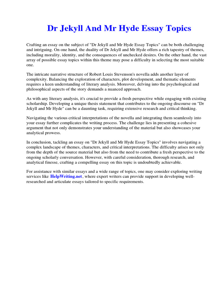 DR Jekyll and MR Hyde Essay Topics | PDF