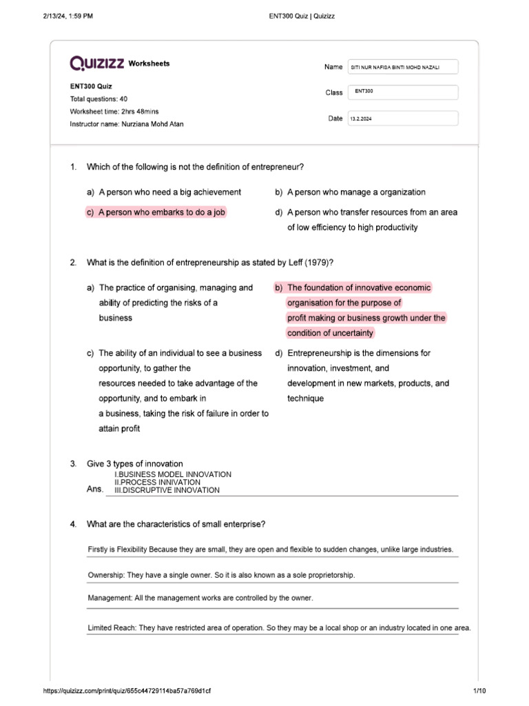 Ent300 Quiz | PDF | Entrepreneurship | Retail