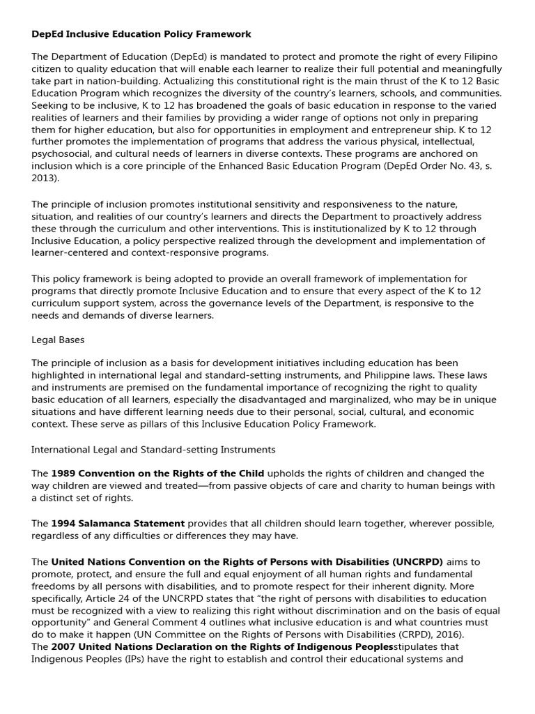 DepEd Inclusive Education Policy Framework | PDF
