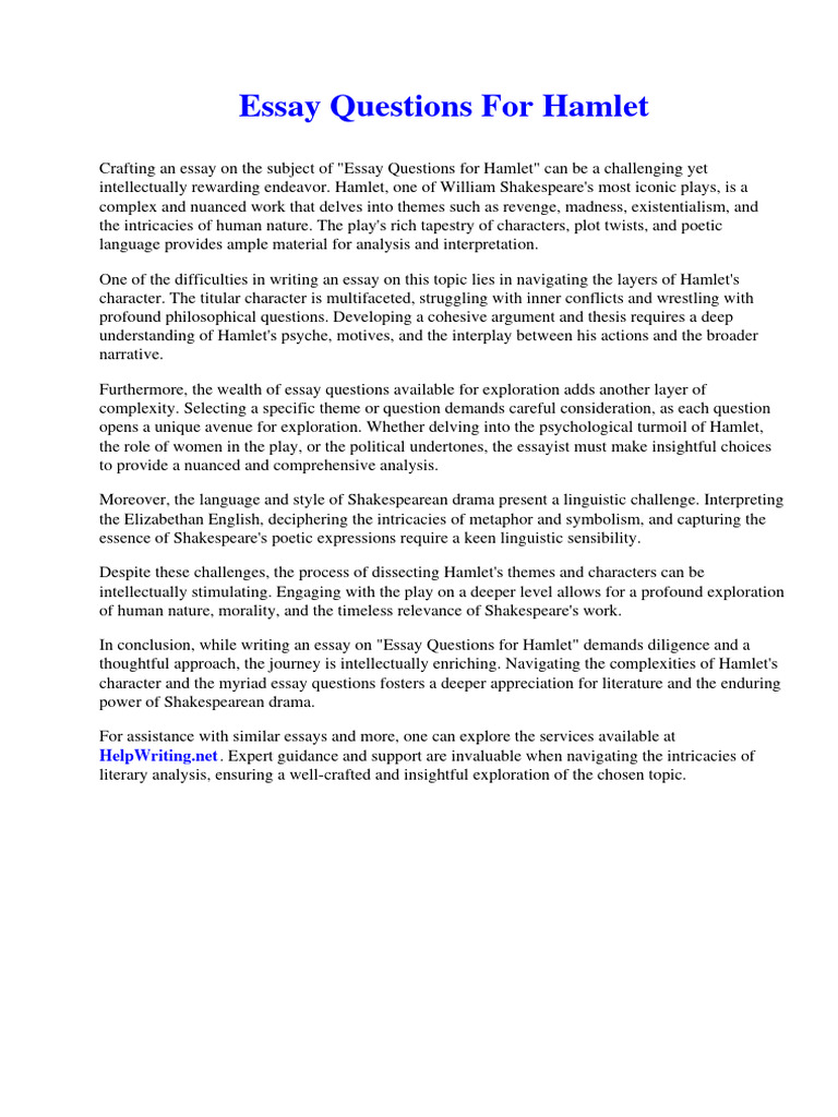 Essay Questions For Hamlet | PDF | Essays | Hamlet