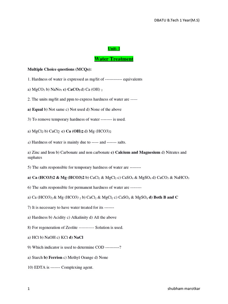 Water Treatment MCQs for Engineering Students | PDF | Ion Exchange ...