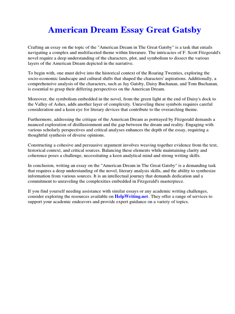 American Dream Essay Great Gatsby | PDF | Transcendentalism | Vagus Nerve