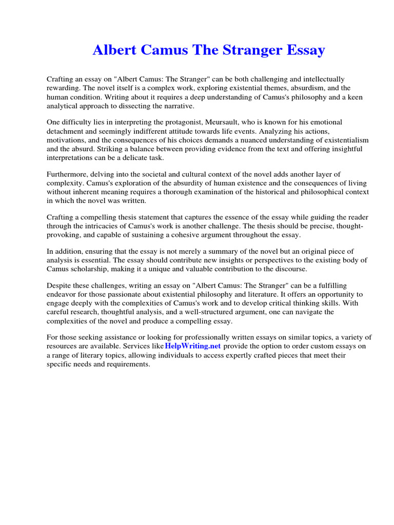Albert Camus The Stranger Essay | PDF | Albert Camus | Existentialism
