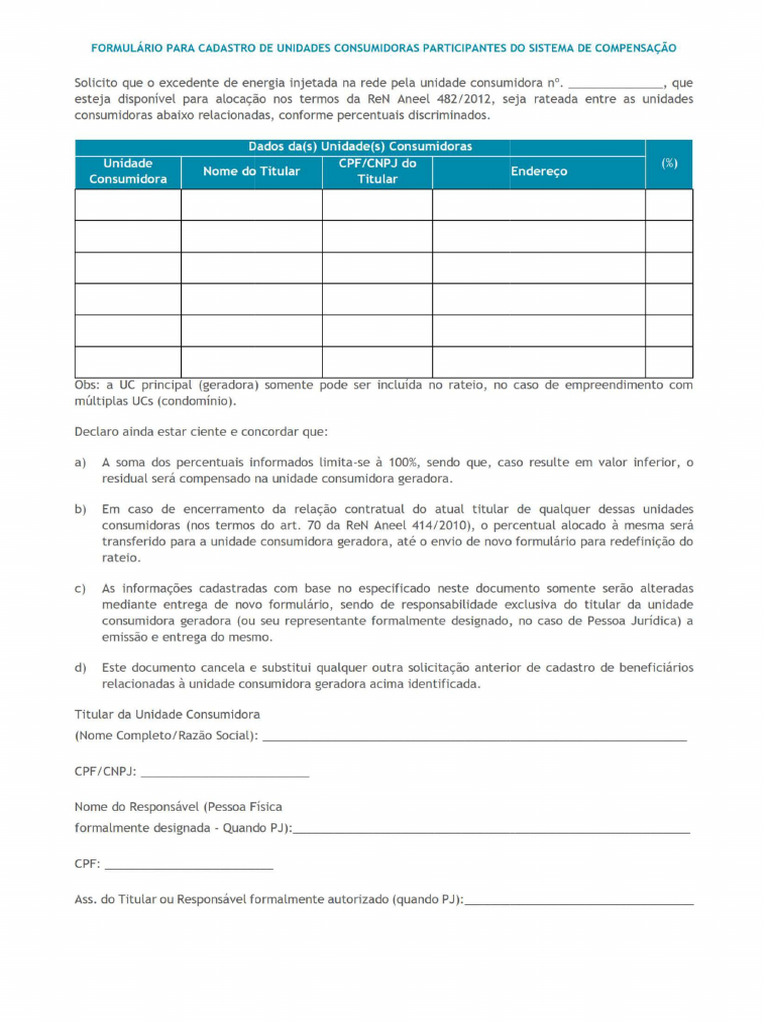 Formulário para Cadastro de Unidades Consumidoras Participantes Do ...
