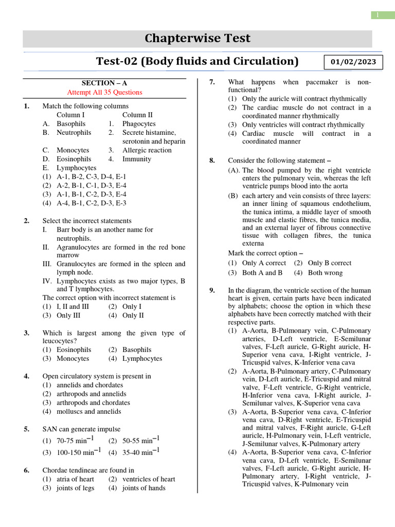 Body Fluids and Circulation Test | PDF | Heart | Heart Valve