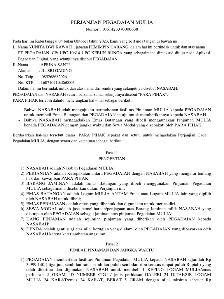Perjanjian Gadai Pegadaian MULIA 2023 | PDF