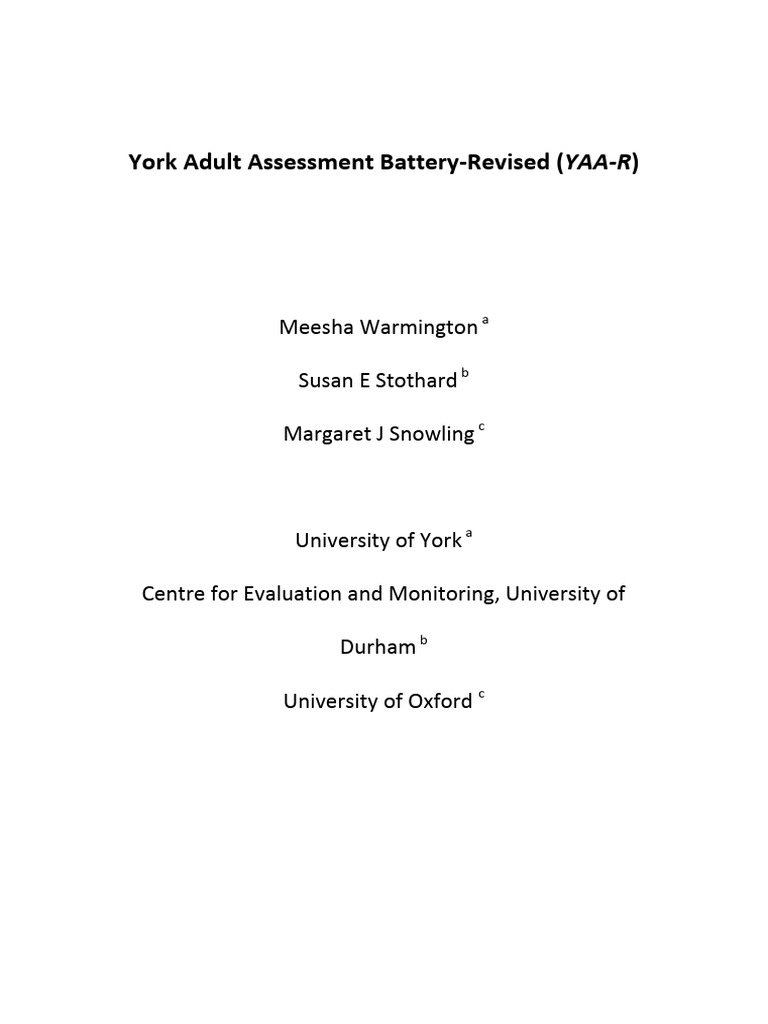 York Adult Assessment Battery Revised Form and Test - Pdf-Test ...