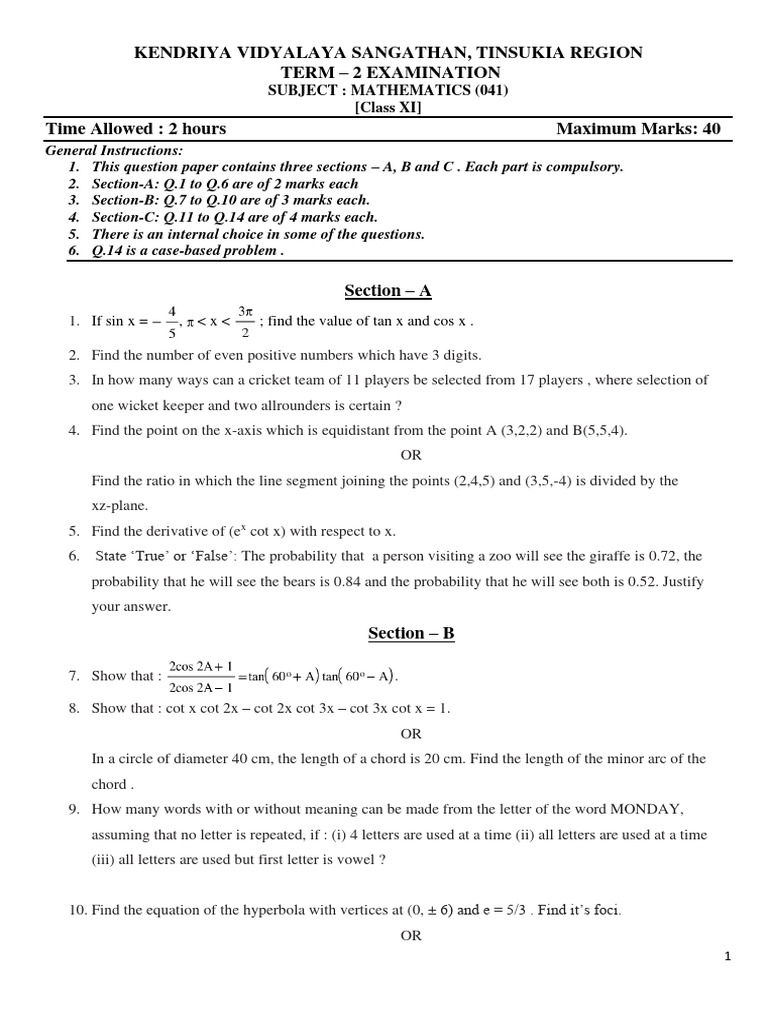 Class Xi Maths SP Set 1 | PDF | Schools | Science