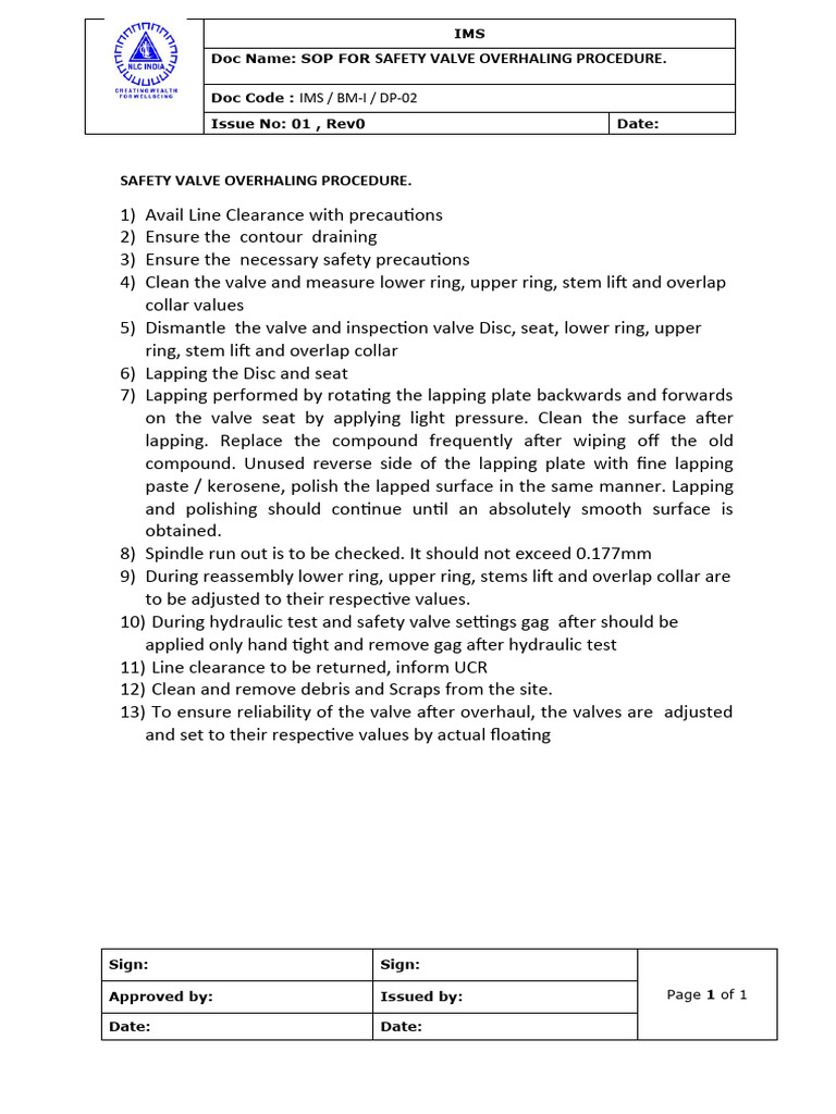 Ims Bm-I DP-02 Safety Valve Overhaling Procedure | PDF