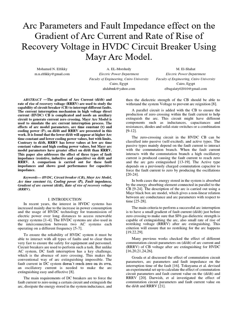 Arc Parameters and Fault Impedance Effect On The Gradient of Arc Current and Rate of Rise of ...