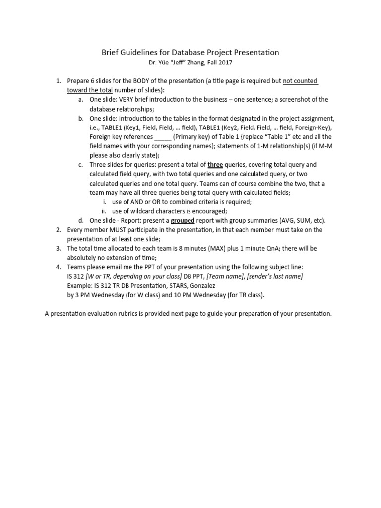 Brief Guidelines For Database Project Presentation | PDF | Data | Cybernetics