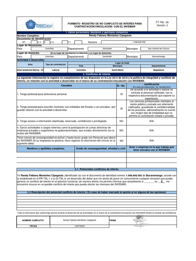 Datos Personales: Nombres y Apellidos Completos: 2. Conflictos de ...