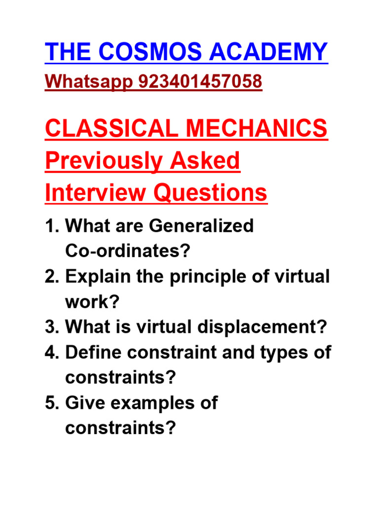 Classical Mechanics Interview Questions | PDF | Lagrangian Mechanics ...