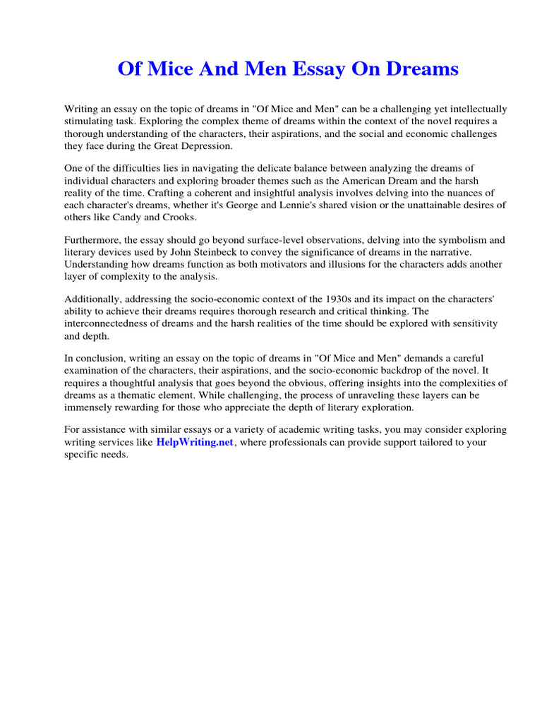 Of Mice and Men Essay On Dreams | PDF | Acts Of The Apostles | Medical ...