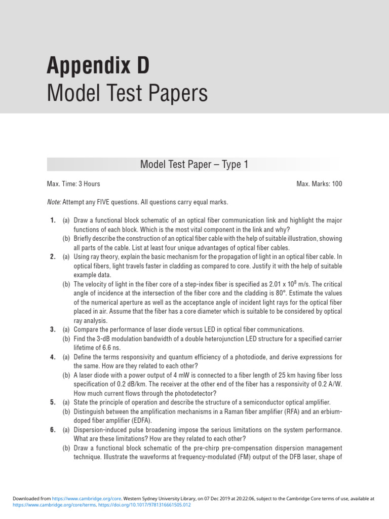 Appendix D - Model Test Papers | PDF | Optical Fiber | Fiber Optic ...