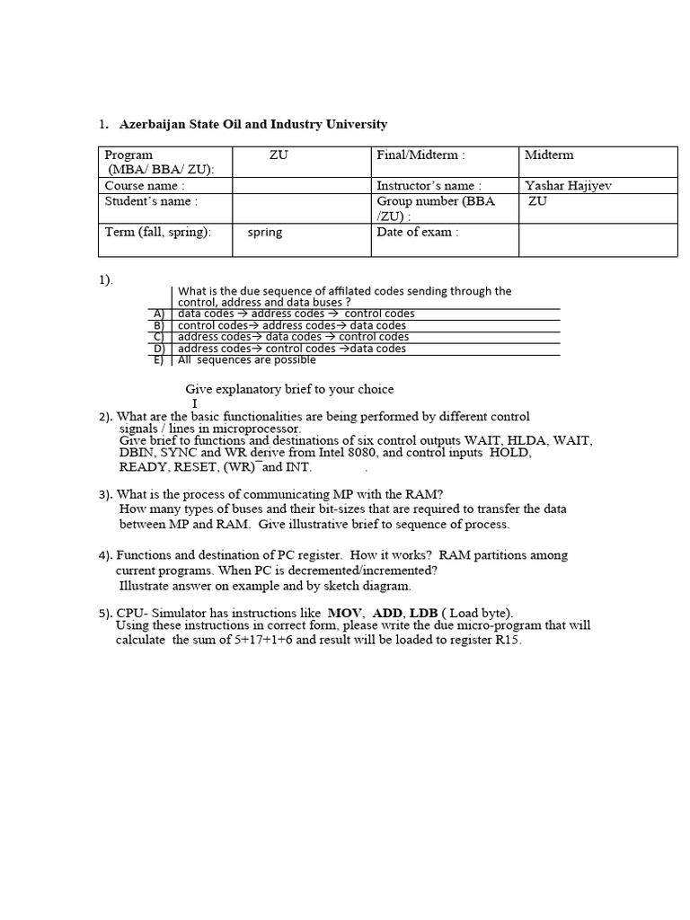 AZII Microprocessors Midterm Exam Example ZU 2023 | PDF