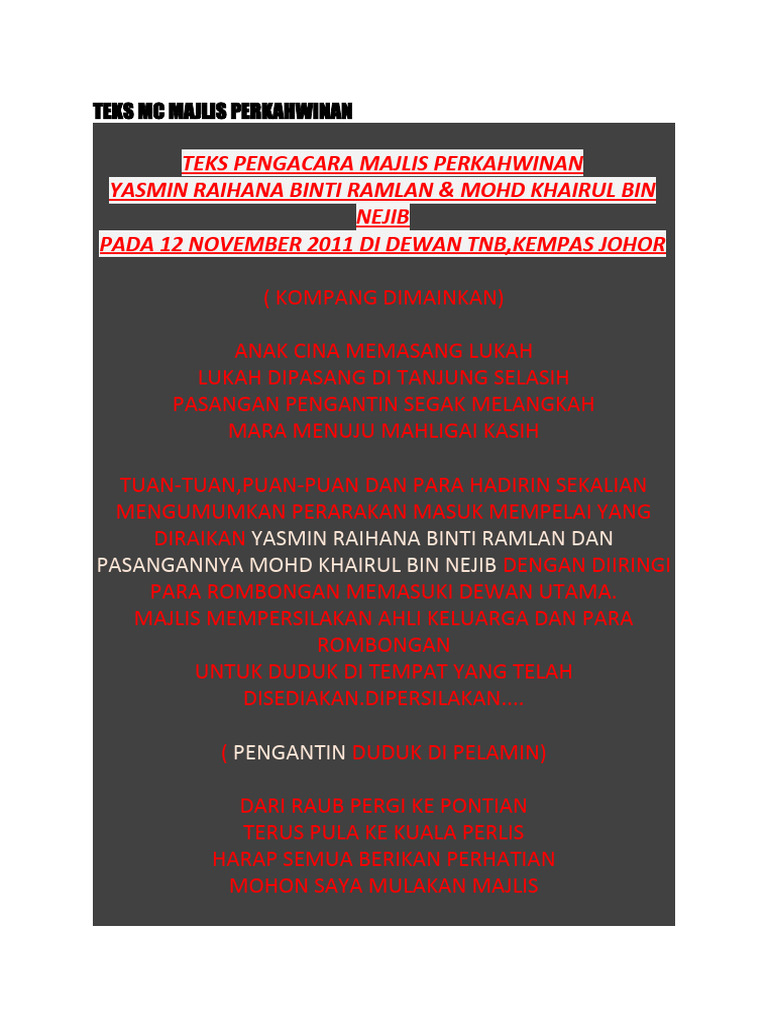 Teks MC Majlis Perkahwinan | PDF