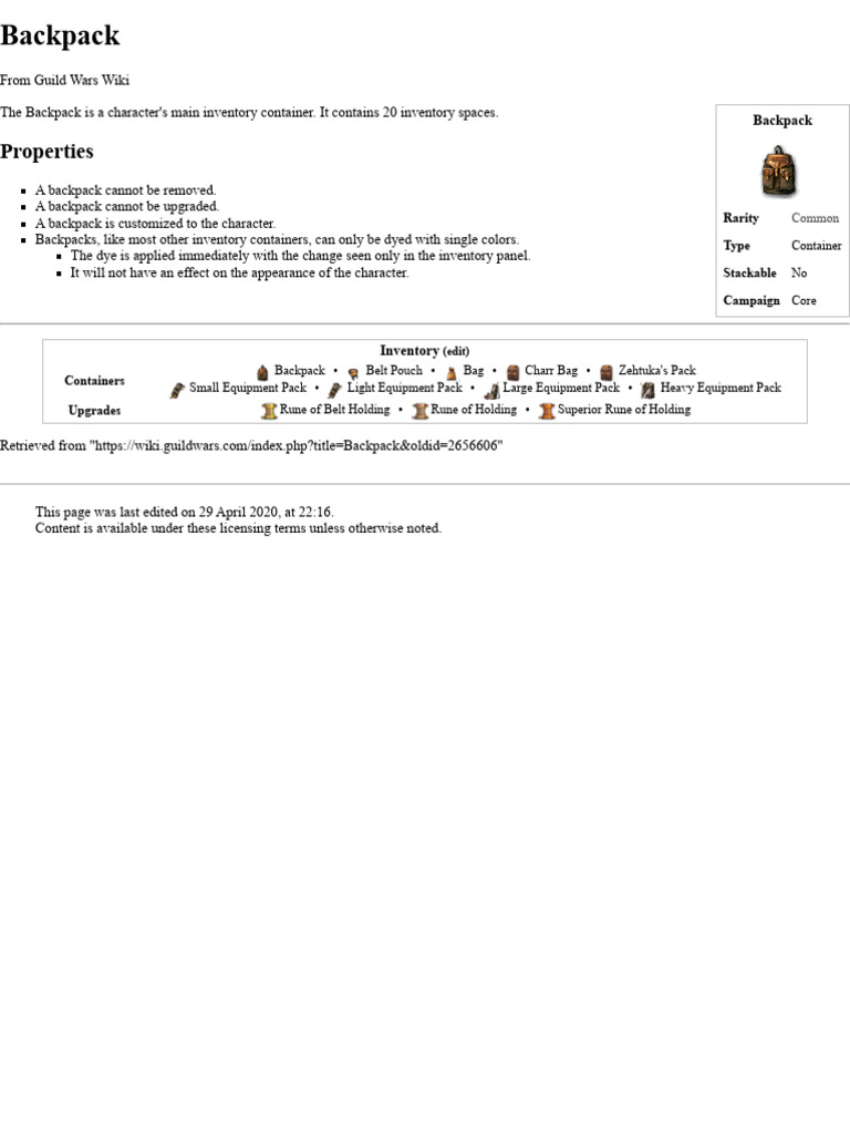 Backpack - Guild Wars Wiki (GWW) | PDF