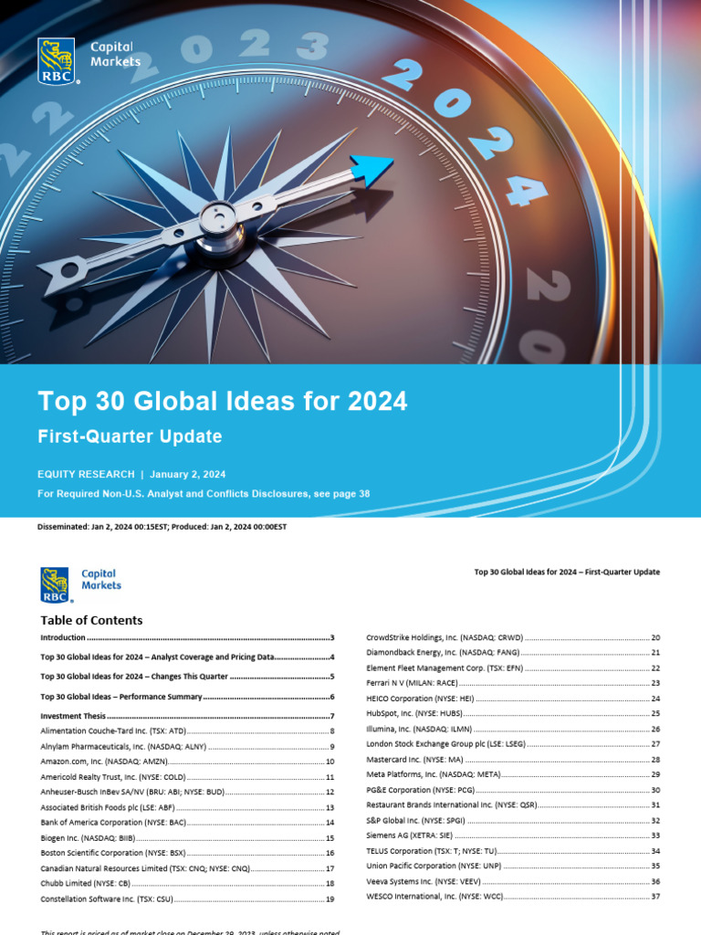 Top 30 Global Ideas For 2024 - First Quarter Update - Jan 2024 - RBC | PDF
