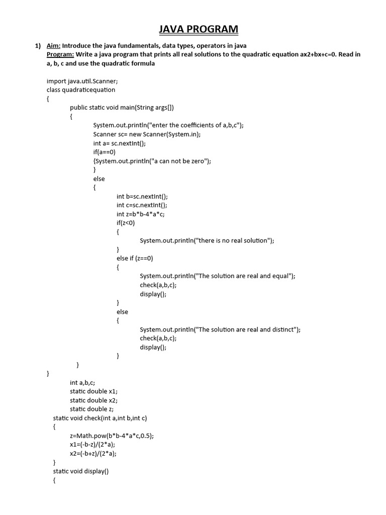 Java Program Pdf String Computer Science Quadratic Equation 