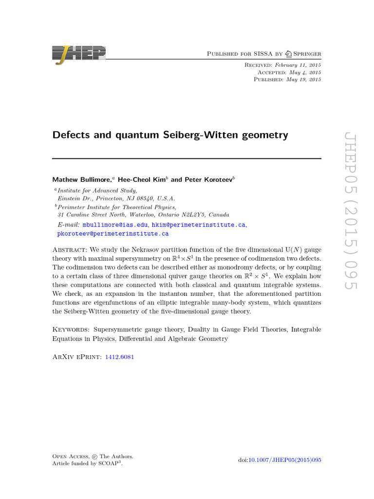 Defects and Quantum Seiberg Witten Geometry | PDF | Gauge Theory | Equations