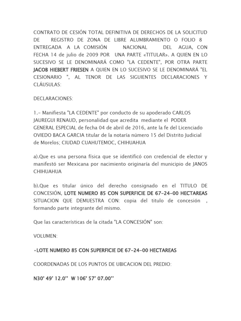 Contrato de Cesion de Derechos Conagua Jacob Hiebert Friesen | PDF ...