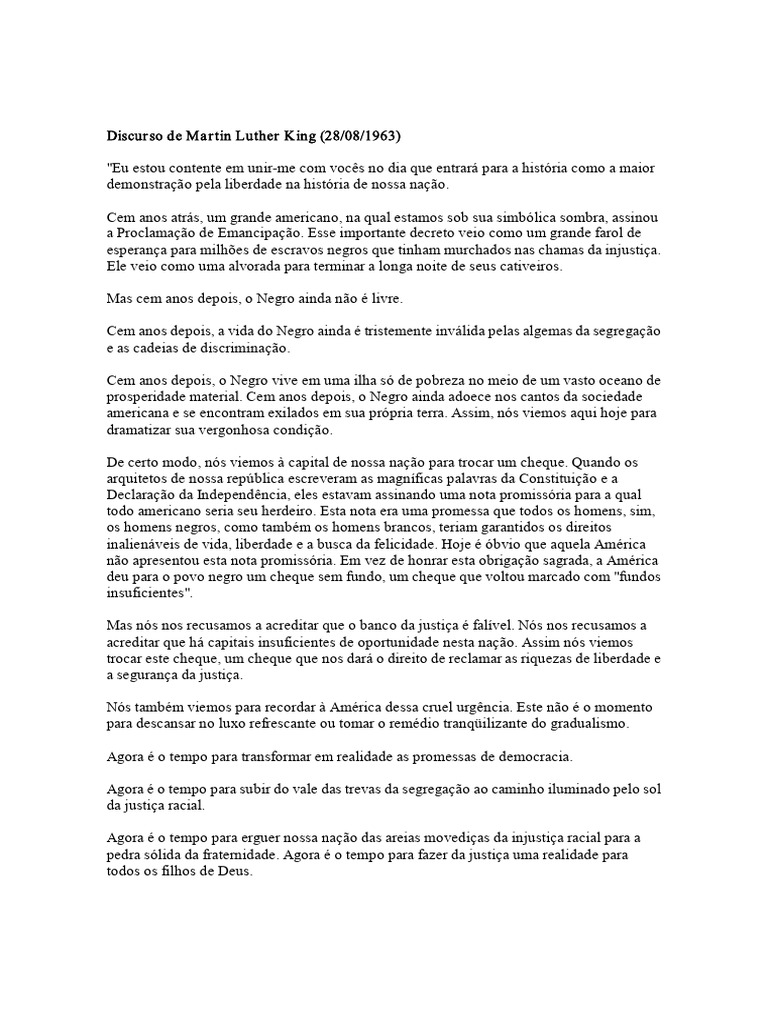 Discurso de Martin Luther King | PDF | Liberdade | Martin Luther King Jr.