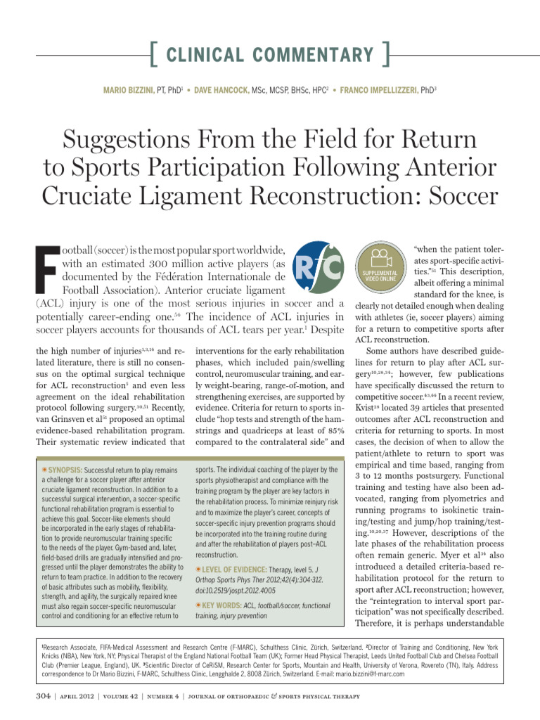 Return To Play Guidelines For Soccer Athletes After Acl Surgery | PDF ...